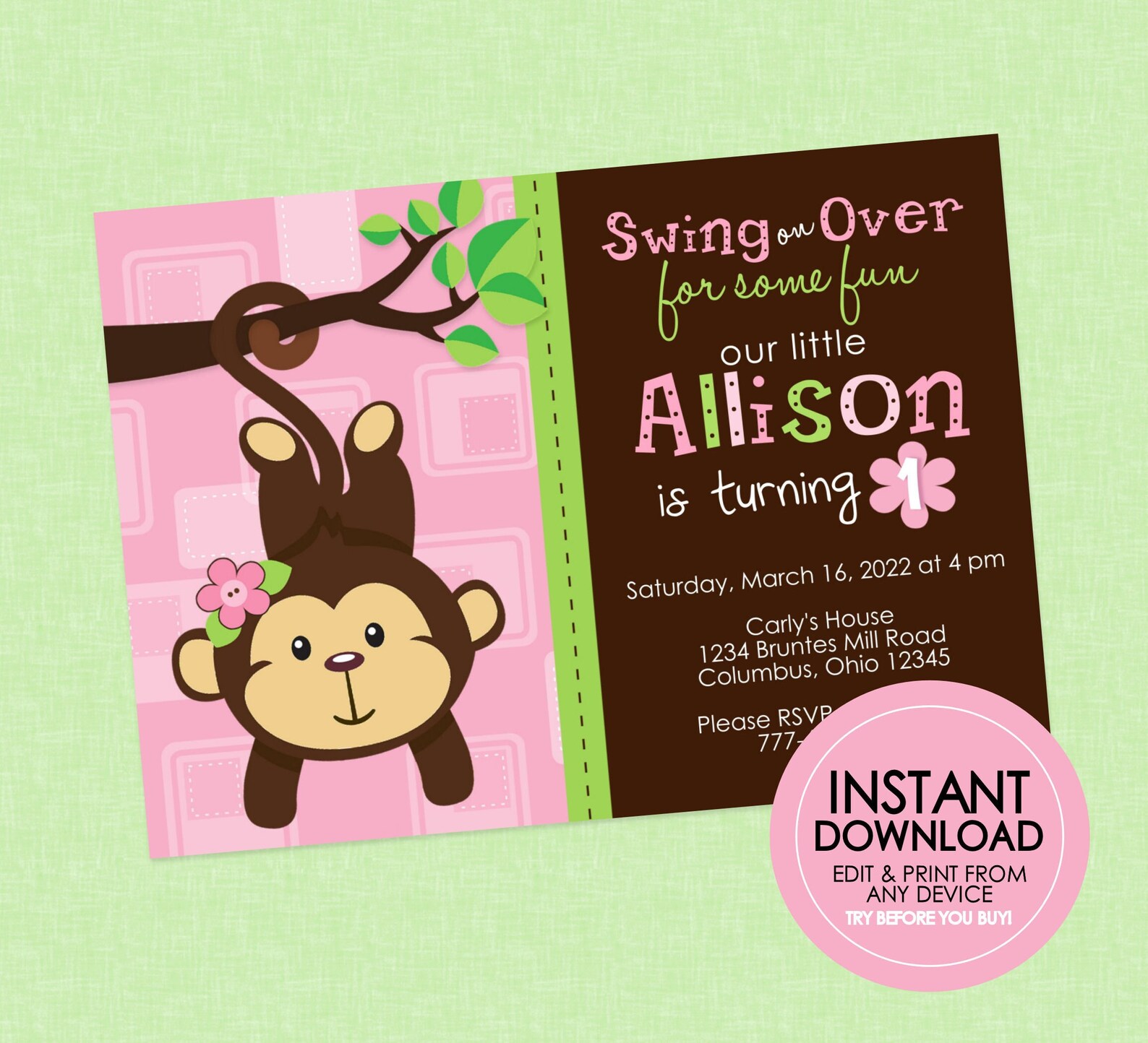Monkey Girl Birthday Invitation - EDITABLE INSTANT DOWNLOAD - Girl ...