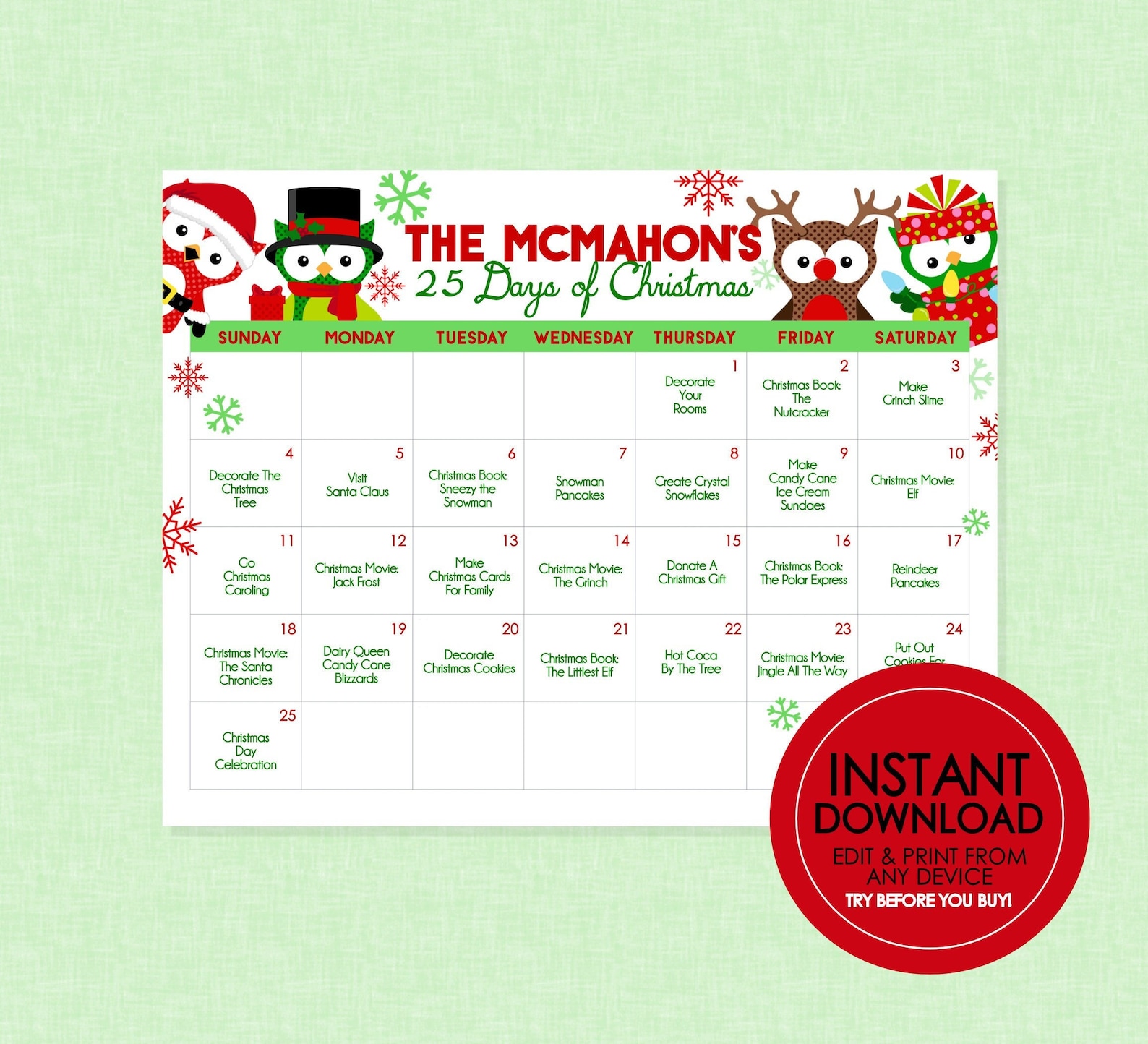 25 Days of Christmas Activity Calendar EDITABLE INSTANT - Etsy