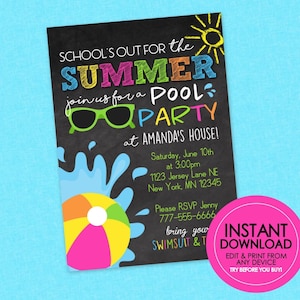 School is Out Summer Pool Party Chalkboard Invitation - EDITABLE ...