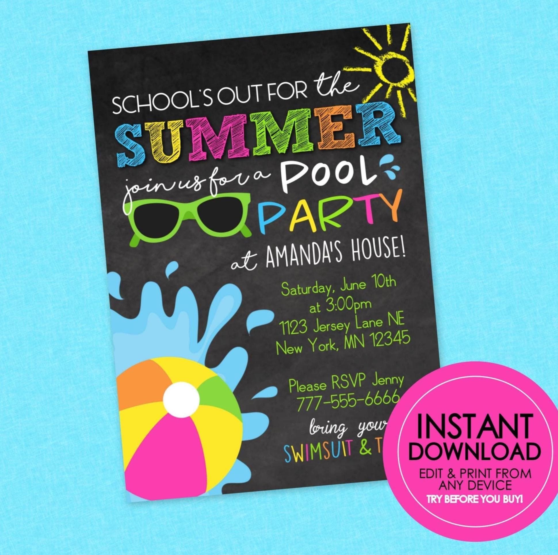 School is Out Summer Pool Party Chalkboard Invitation - EDITABLE ...