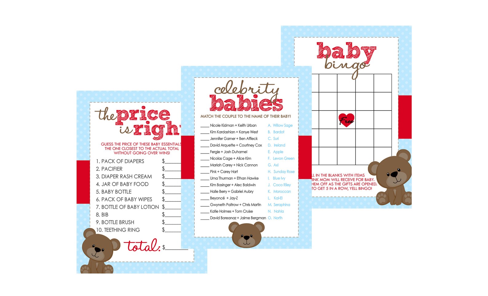 Teddy Bear Baby Shower Games Party Pack of 7 Answer Keys | Etsy