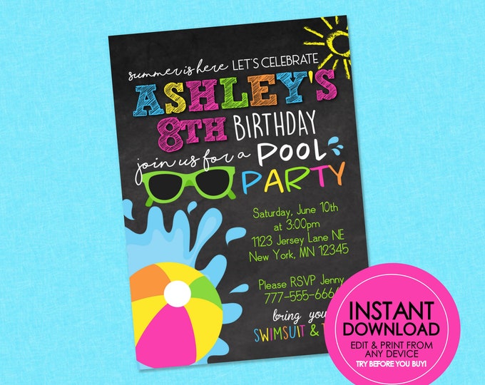 Swim Birthday Pool Party Invites EDITABLE INSTANT DOWNLOAD - Etsy