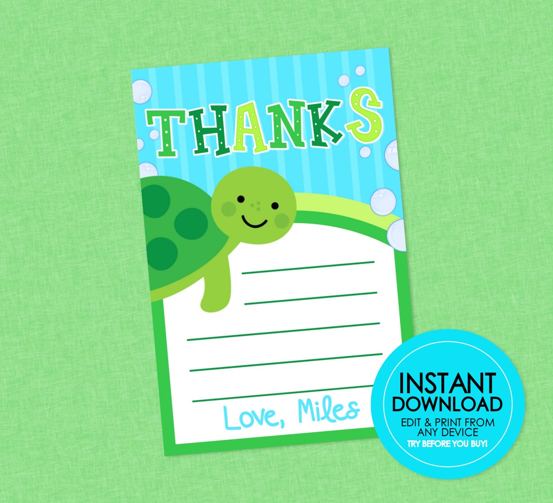 Turtle Birthday Thank You EDITABLE INSTANT DOWNLOAD Turtle - Etsy