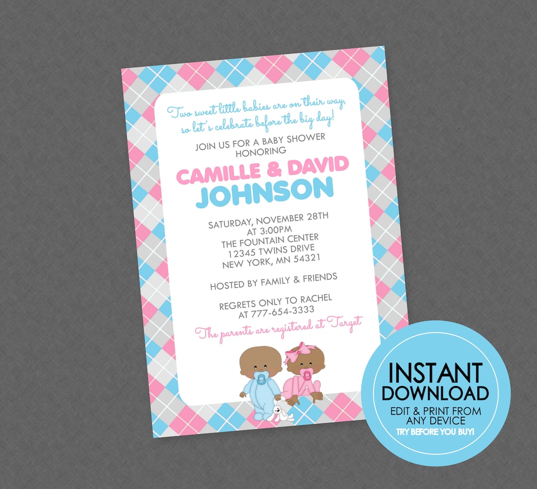 Twin Boy and Girl Baby Shower Invite - INSTANT DOWNLOAD - Edit & Print ...