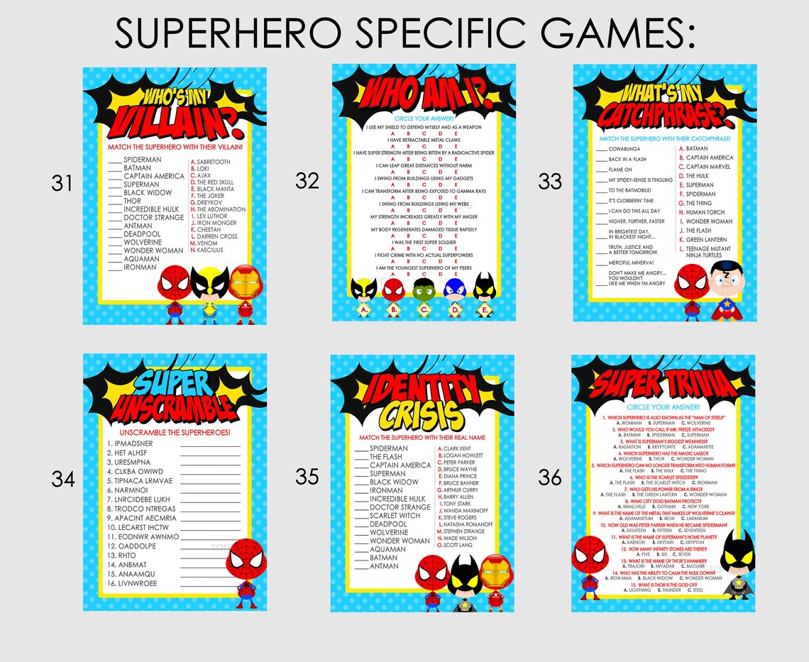 Superhero Baby Shower Games - PICK ANY 10 - 36 Games to Choose From ...