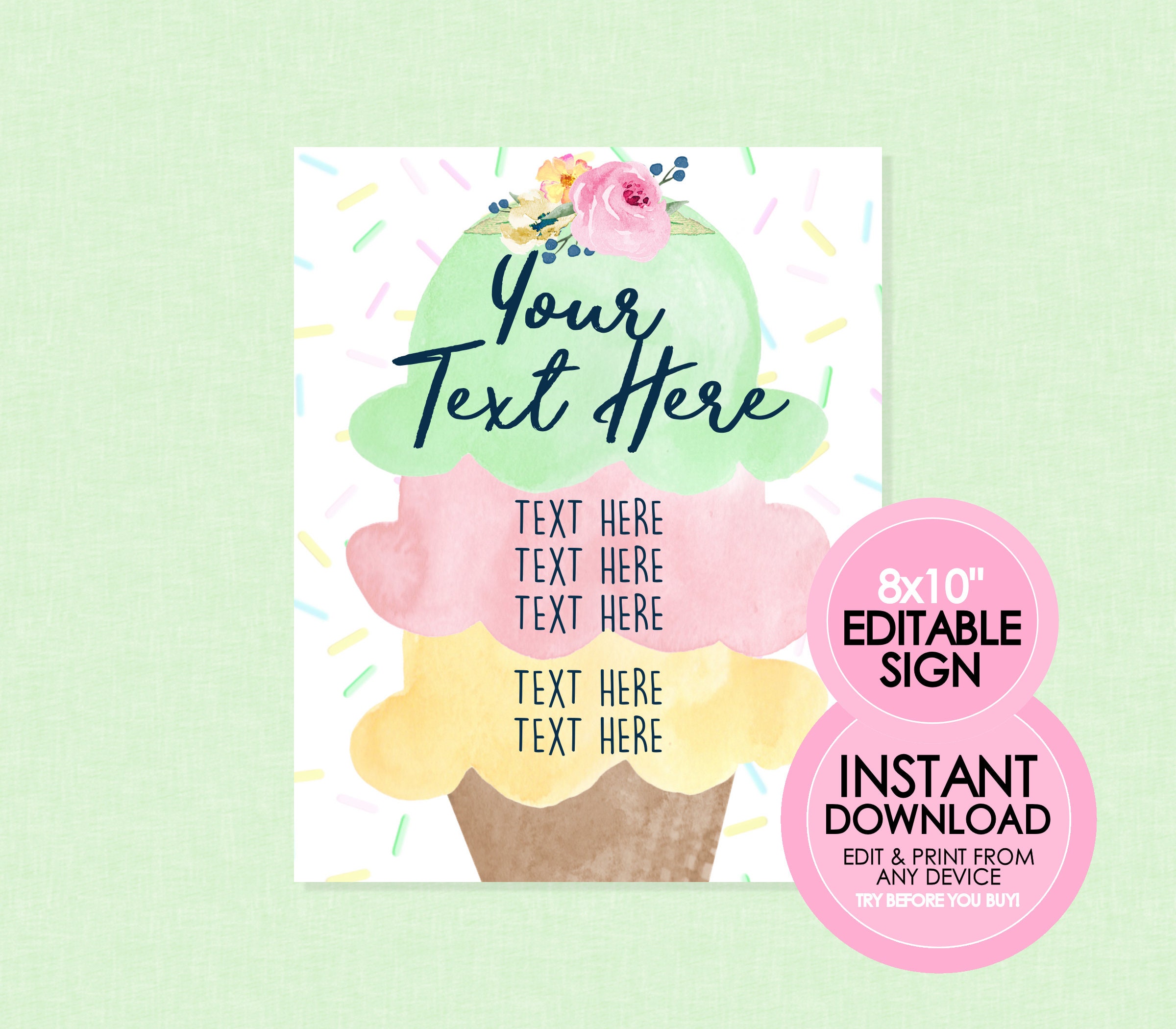 Watercolor Ice Cream Editable Party Sign - Create as Many as You Need ...