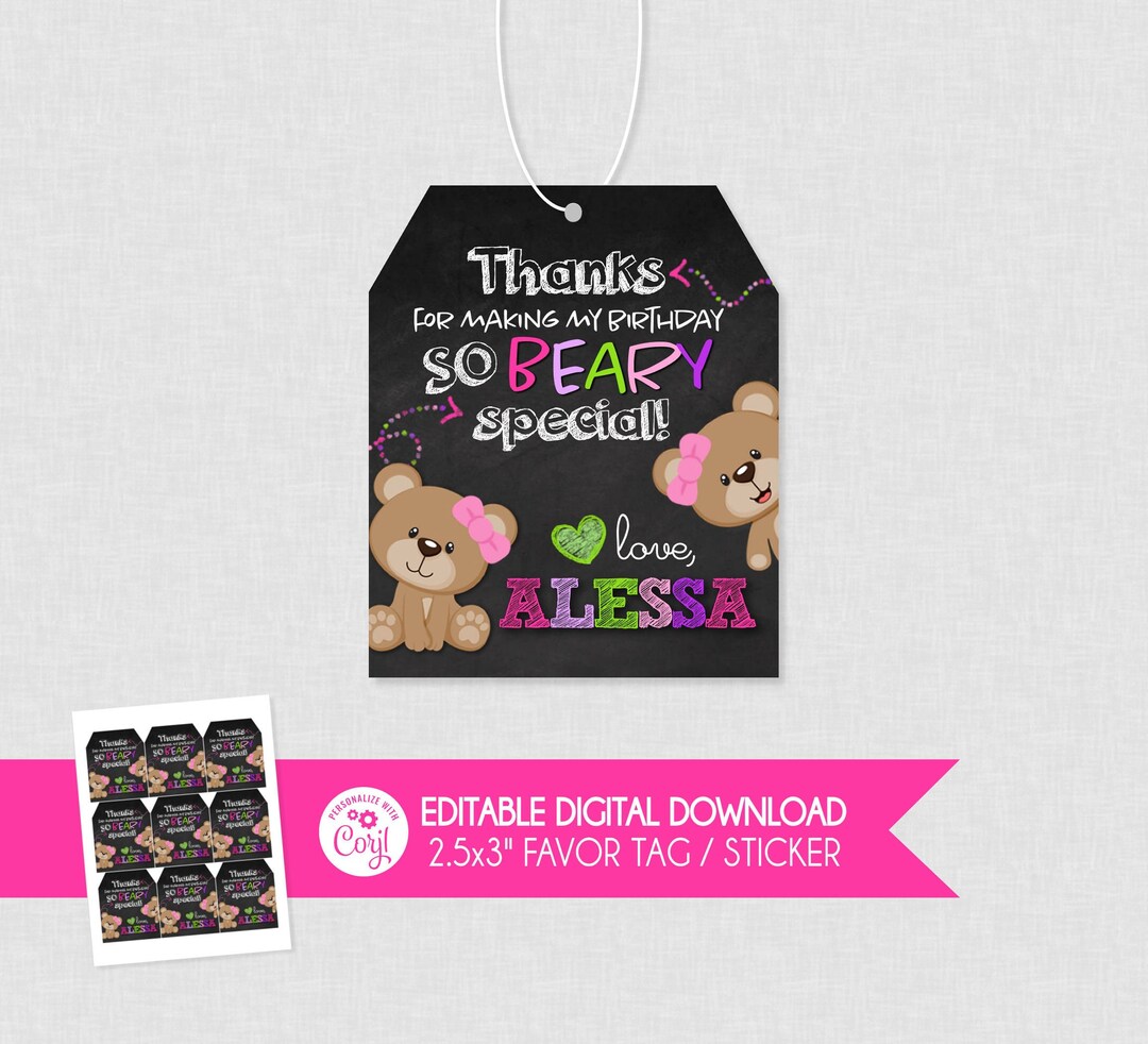 Girl Teddy Bear Favor Tags - EDITABLE INSTANT DOWNLOAD - Teddy Bear ...