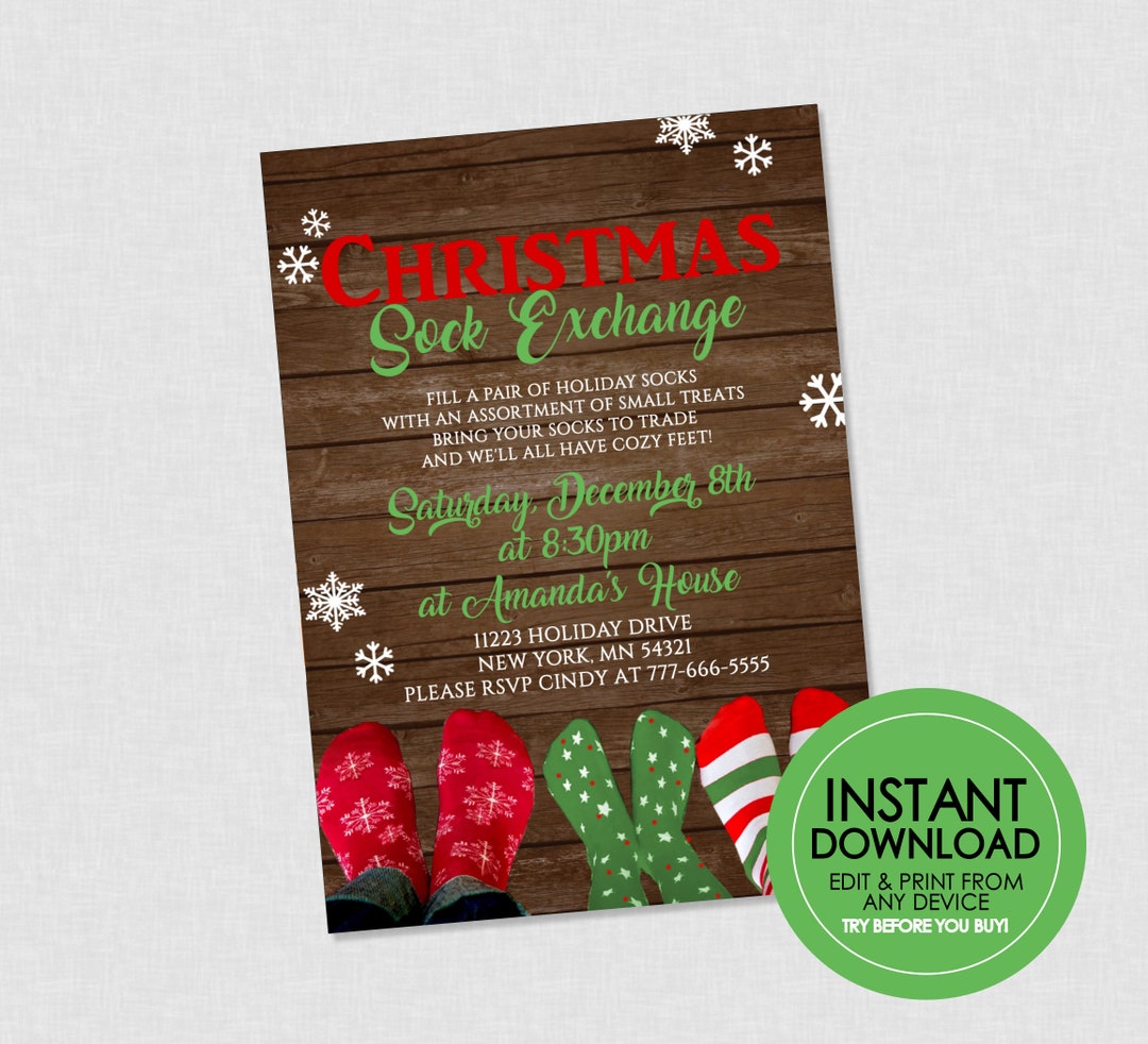 Christmas Sock Exchange Invitation - EDITABLE INSTANT DOWNLOAD ...