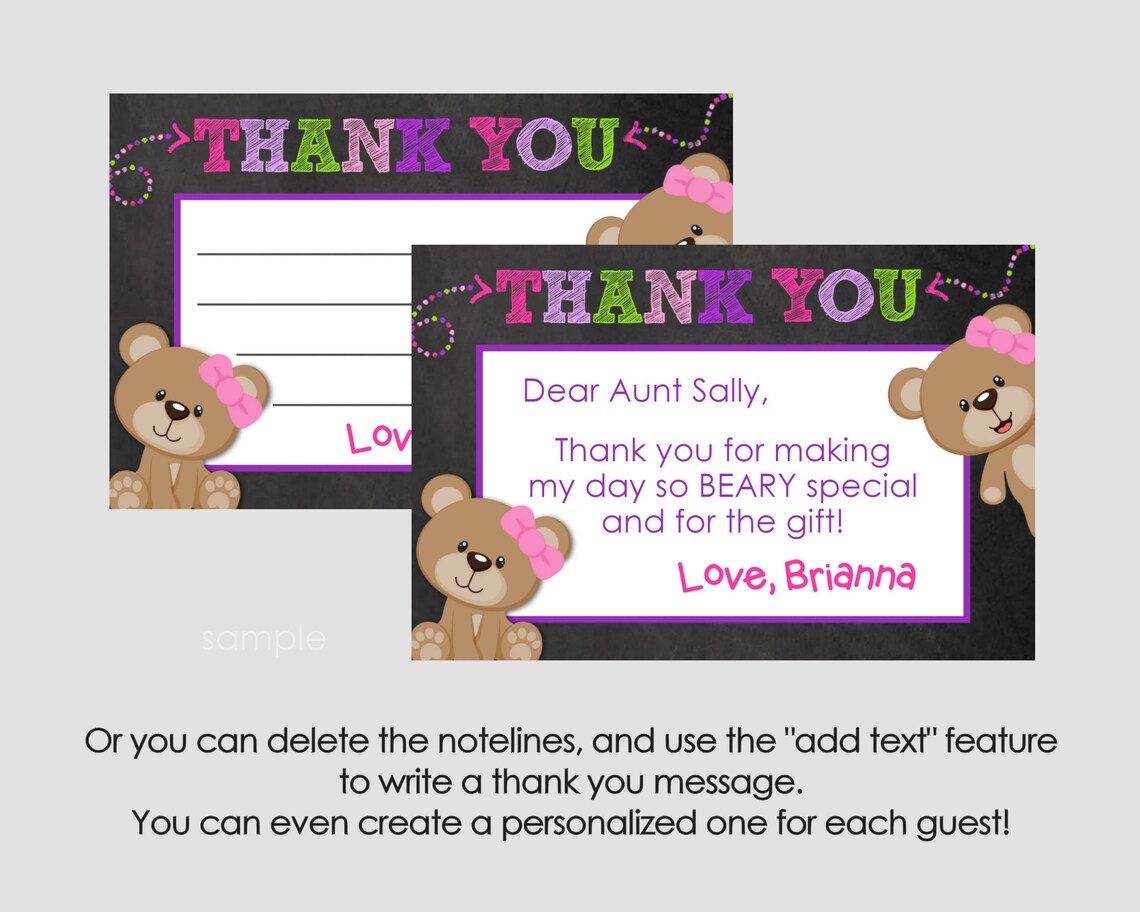 Girl Teddy Bear Birthday Thank You - EDITABLE INSTANT DOWNLOAD - Bear ...