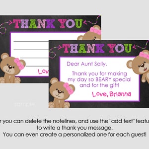 Girl Teddy Bear Birthday Thank You EDITABLE INSTANT DOWNLOAD Bear Thank ...