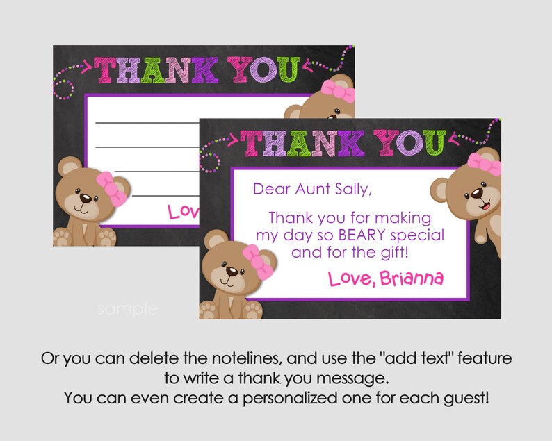 Girl Teddy Bear Birthday Thank You EDITABLE INSTANT DOWNLOAD - Etsy