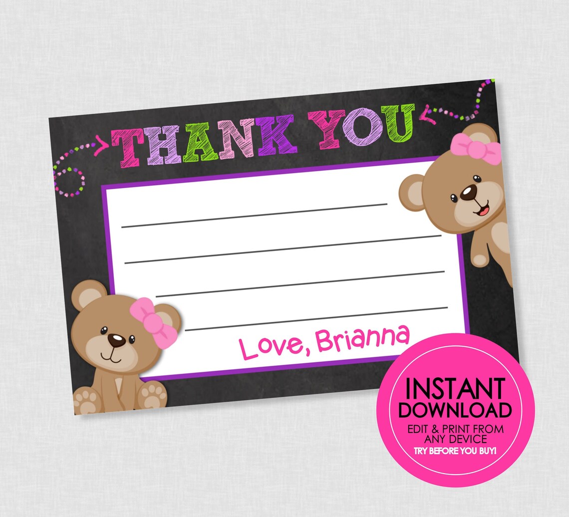 Girl Teddy Bear Birthday Thank You - EDITABLE INSTANT DOWNLOAD - Bear ...