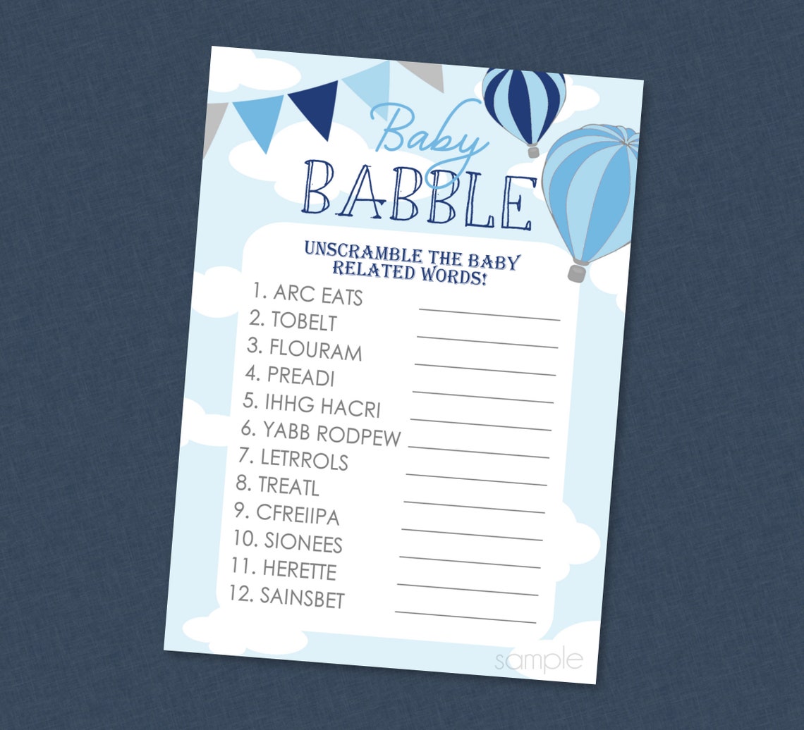 Blue Balloon Baby Word Unscramble Shower Game - INSTANT DOWNLOAD ...