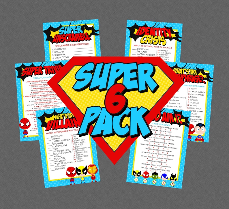 Super Six Superhero Game Pack - INSTANT DOWNLOAD - Superhero Party ...