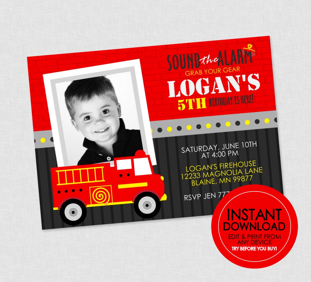 Firetruck Photo Birthday Invitation - EDITABLE INSTANT DOWNLOAD - Fire ...