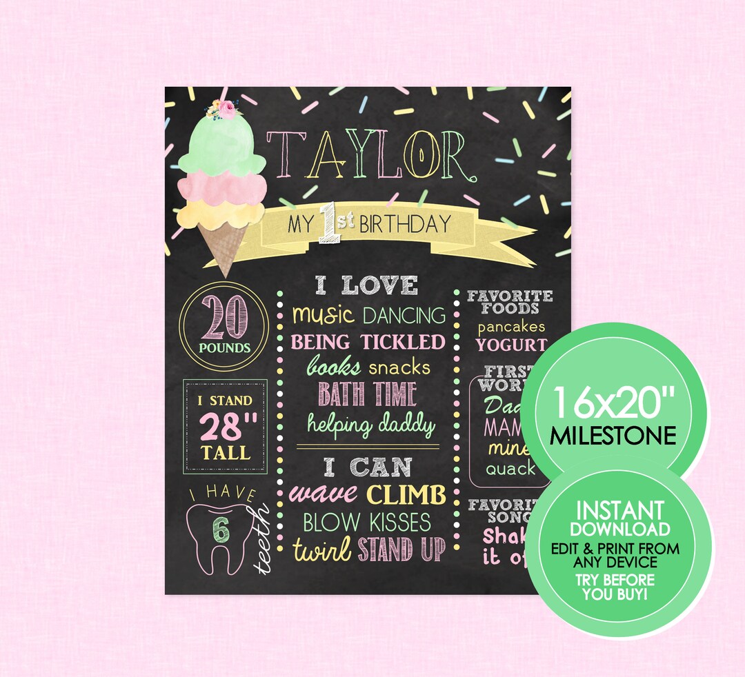Ice Cream Birthday Milestone Chalkboard EDITABLE INSTANT DOWNLOAD Ice ...