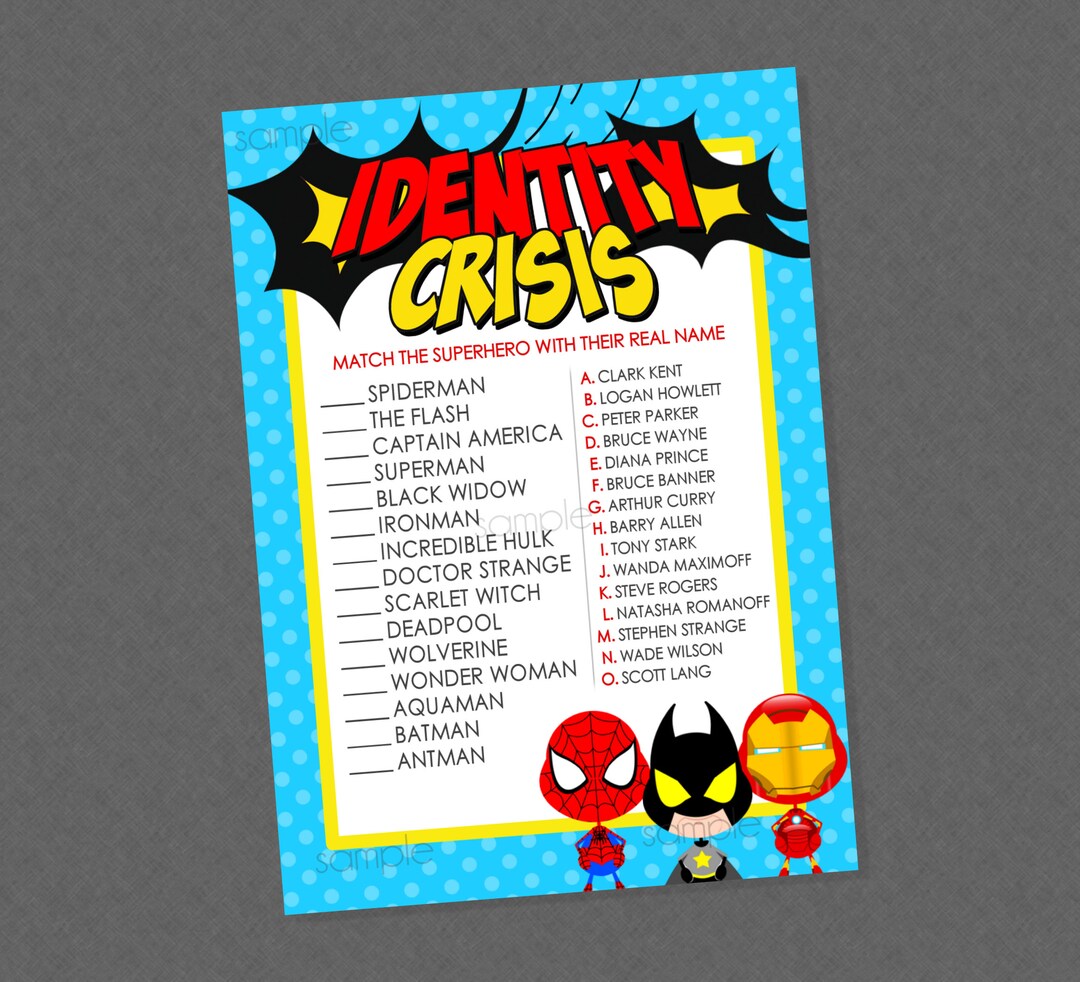 Identity Crisis Superhero Baby Shower Game - INSTANT DOWNLOAD ...