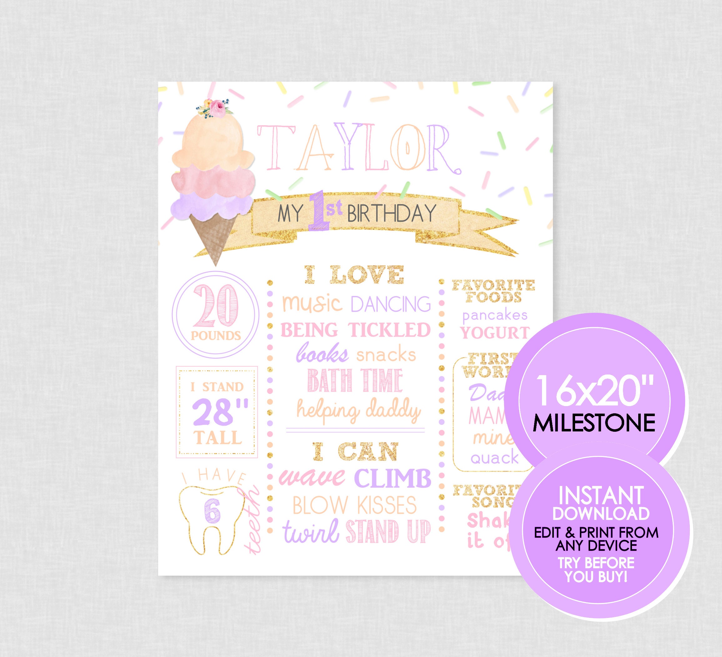 Ice Cream Birthday Milestone Sign EDITABLE INSTANT DOWNLOAD - Ice Cream ...