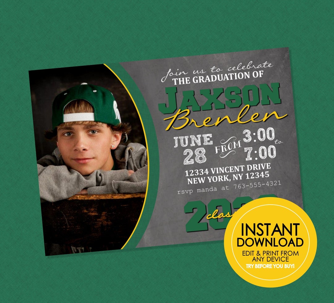 Green & Gold Graduation Chalkboard Invitations EDITABLE INSTANT ...