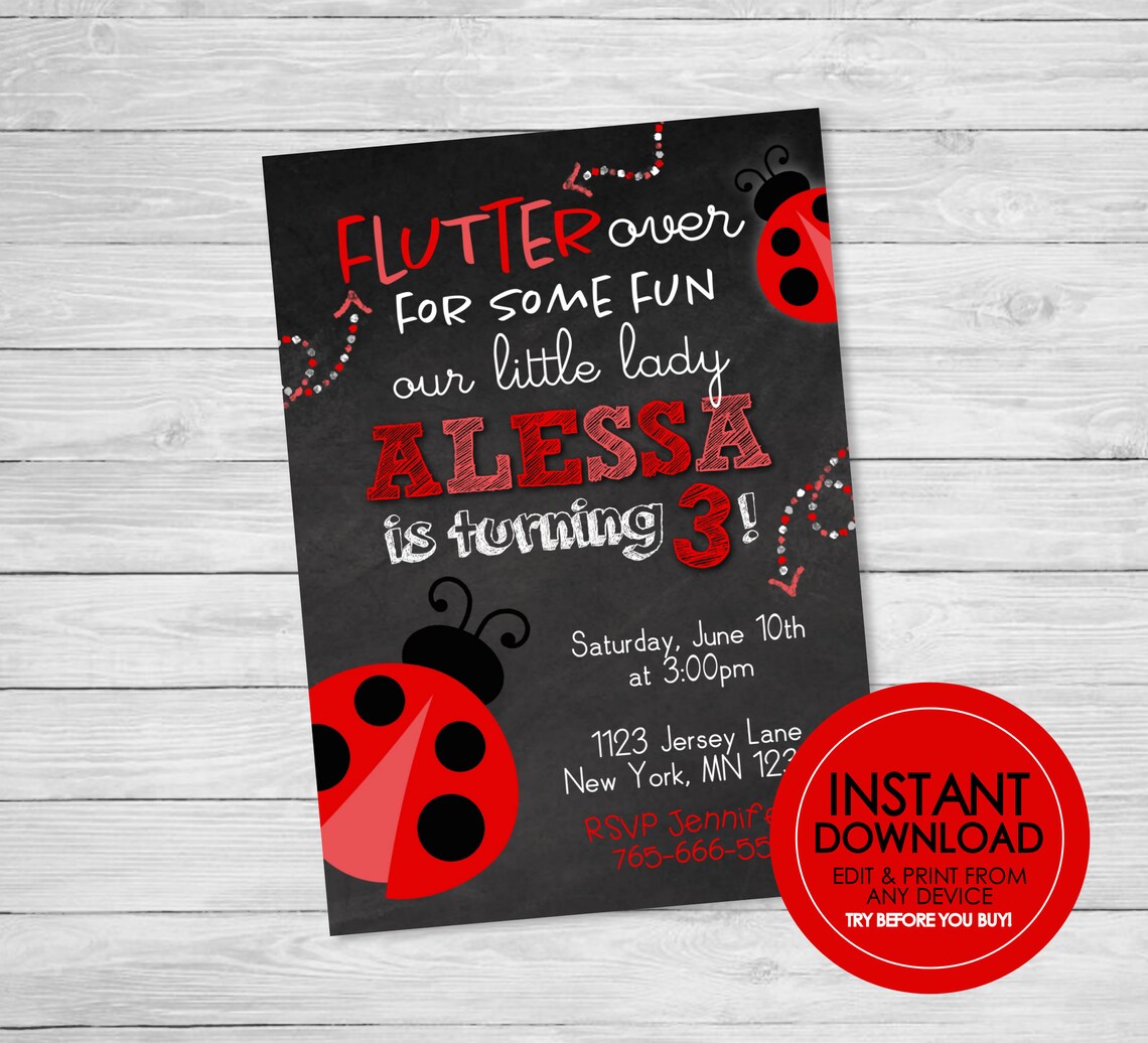 Ladybug Birthday Invitation - EDITABLE INSTANT DOWNLOAD - Lady Bug ...