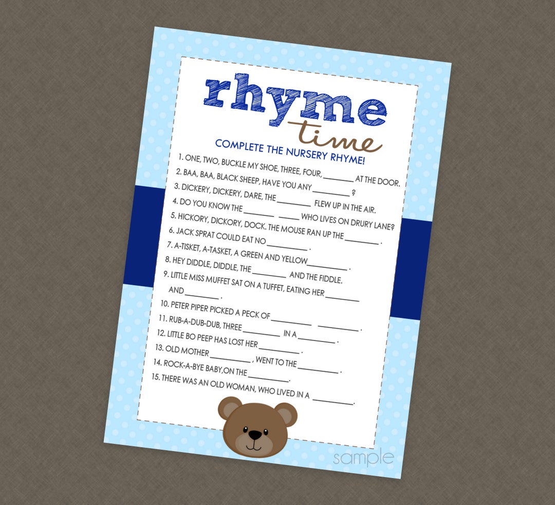 Teddy Bear Nursery Rhyme Shower Game - INSTANT DOWNLOAD - Bear Shower ...