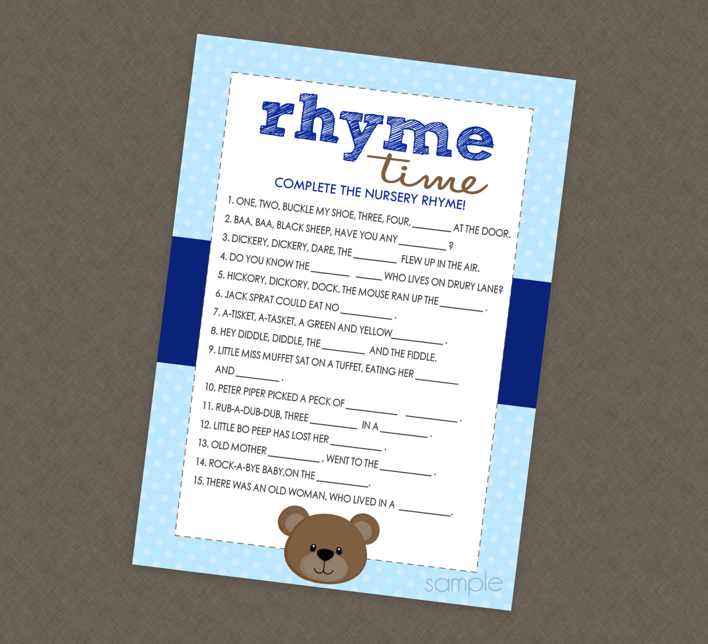 Teddy Bear Nursery Rhyme Shower Game - INSTANT DOWNLOAD - Bear Shower ...