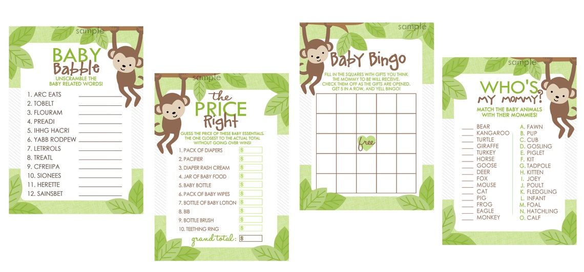 Monkey Baby Shower Game Pack - INSTANT DOWNLOAD - Jungle Shower Games ...
