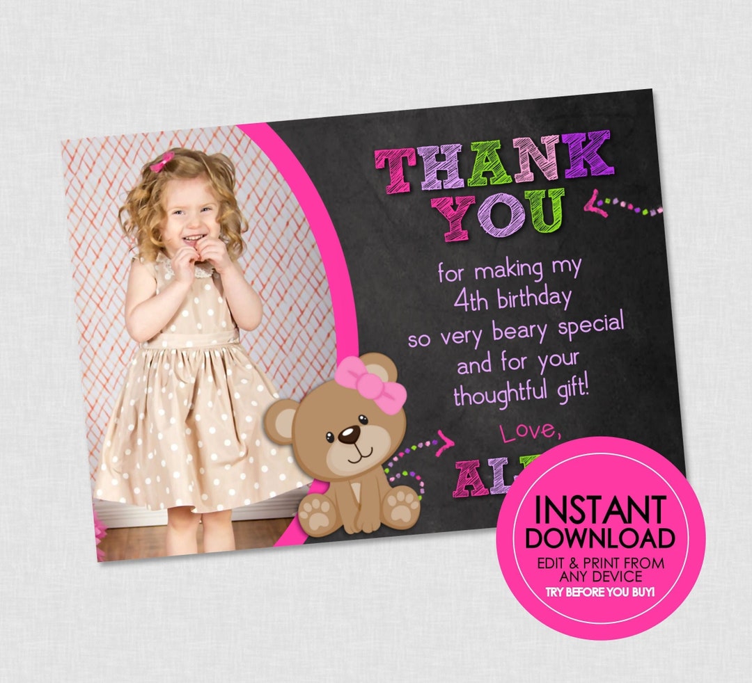 Teddy Bear Photo Thank You - EDITABLE INSTANT DOWNLOAD - Bear Birthday ...