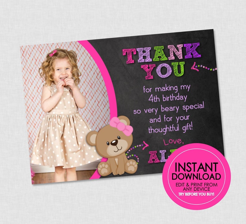 Teddy Bear Photo Thank You - EDITABLE INSTANT DOWNLOAD - Bear Birthday ...