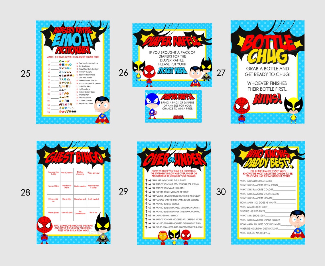 Superhero Baby Shower Games - PICK ANY 7 - 36 Games to Choose From ...