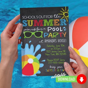 School is Out Summer Pool Party Chalkboard Invitation, Pool Party ...