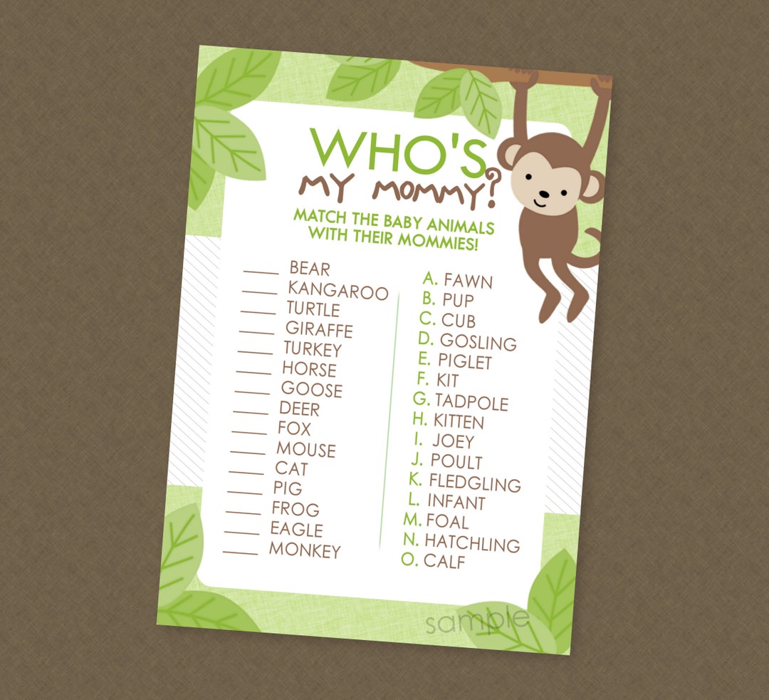 Monkey Baby Animal Match Shower Game - INSTANT DOWNLOAD - Jungle Shower ...