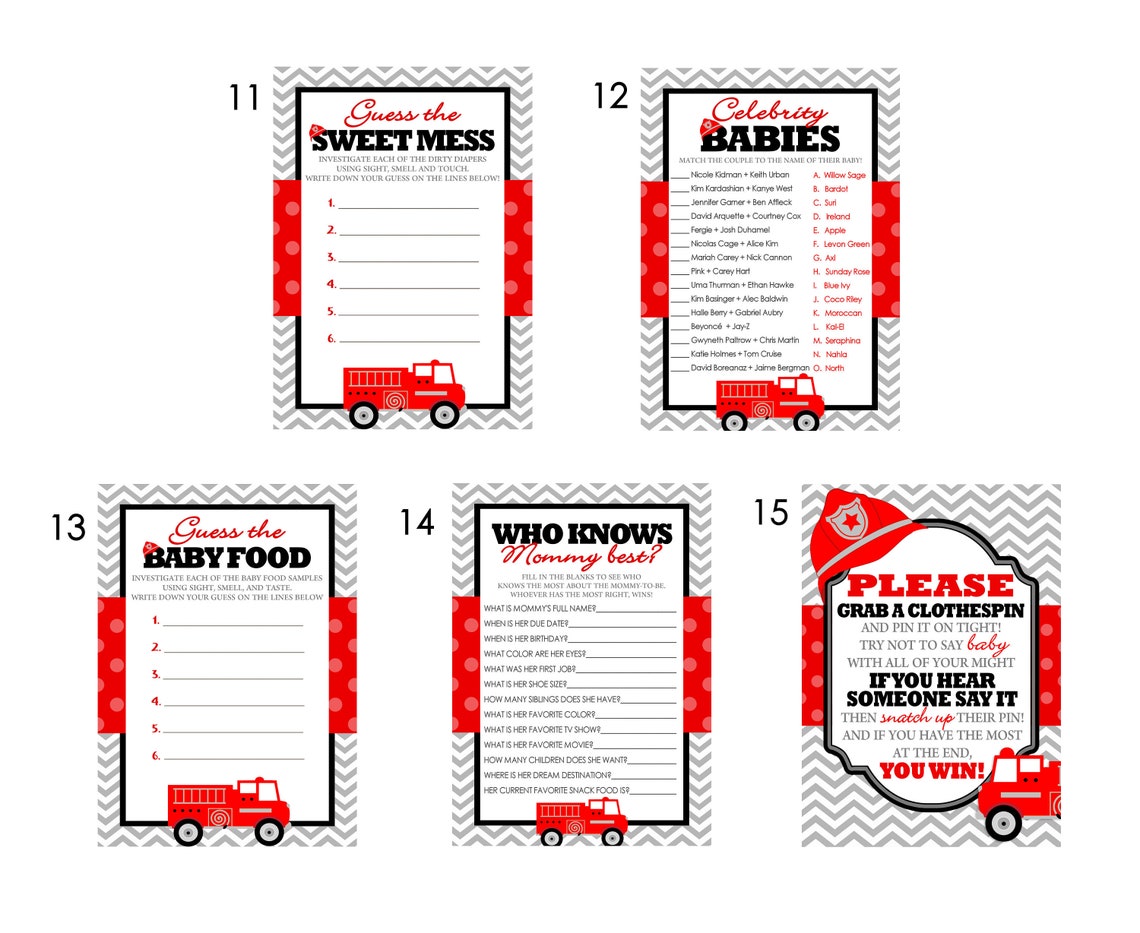 Firetruck Baby Shower Games PICK ANY 5 up to 15 Games to - Etsy