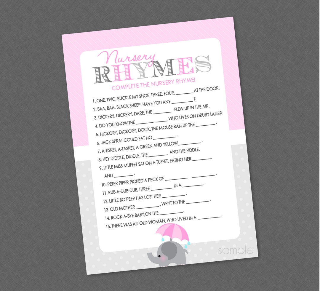 Pink Elephant Nursery Rhyme Shower Game - INSTANT DOWNLOAD - Elephant ...