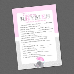 Pink Elephant Nursery Rhyme Shower Game - INSTANT DOWNLOAD - Elephant ...