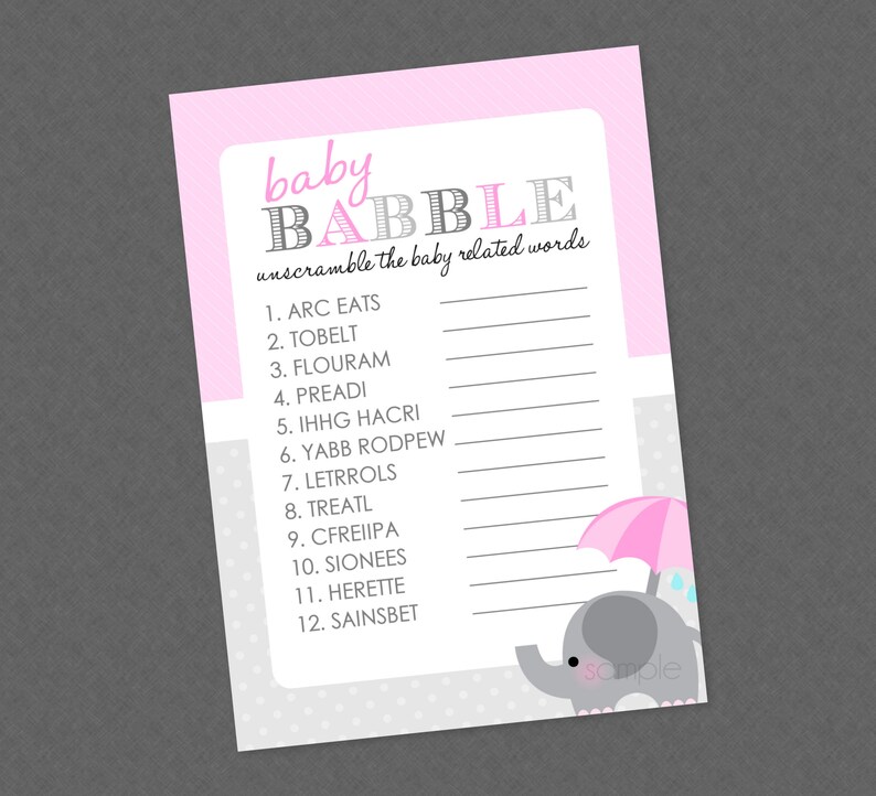 Pink Elephant Baby Word Unscramble Shower Game - INSTANT DOWNLOAD ...