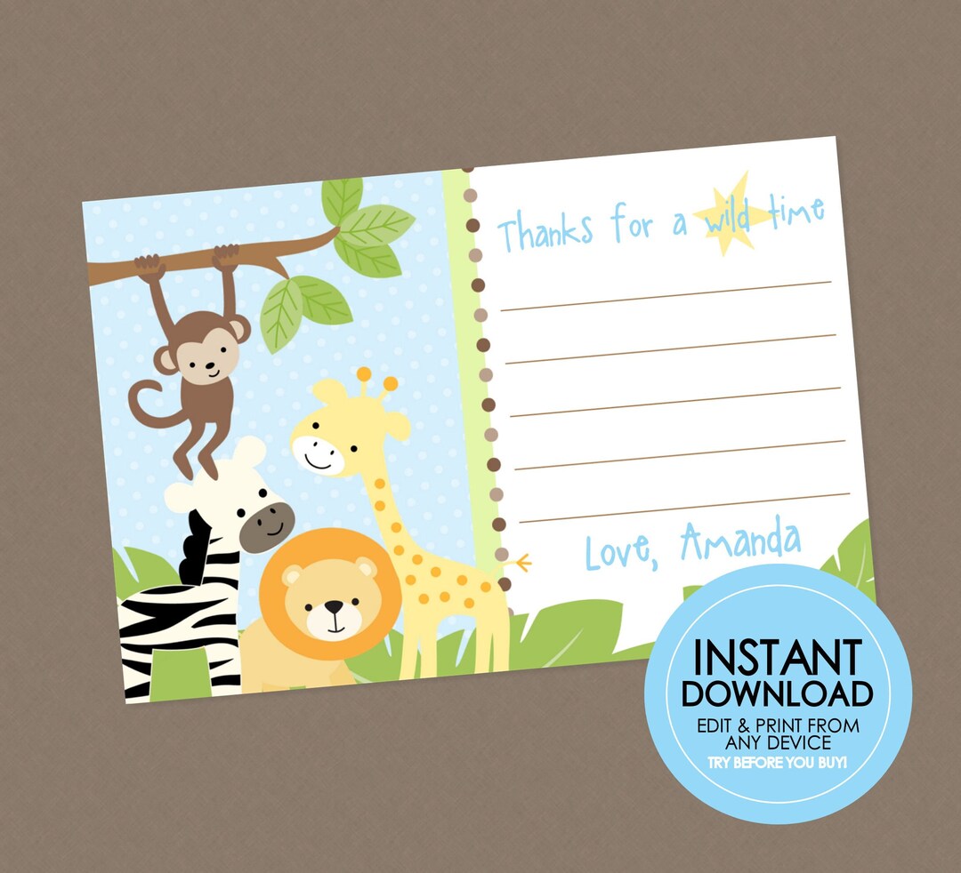 Safari Thank You Note EDITABLE INSTANT DOWNLOAD Jungle Thank You ...