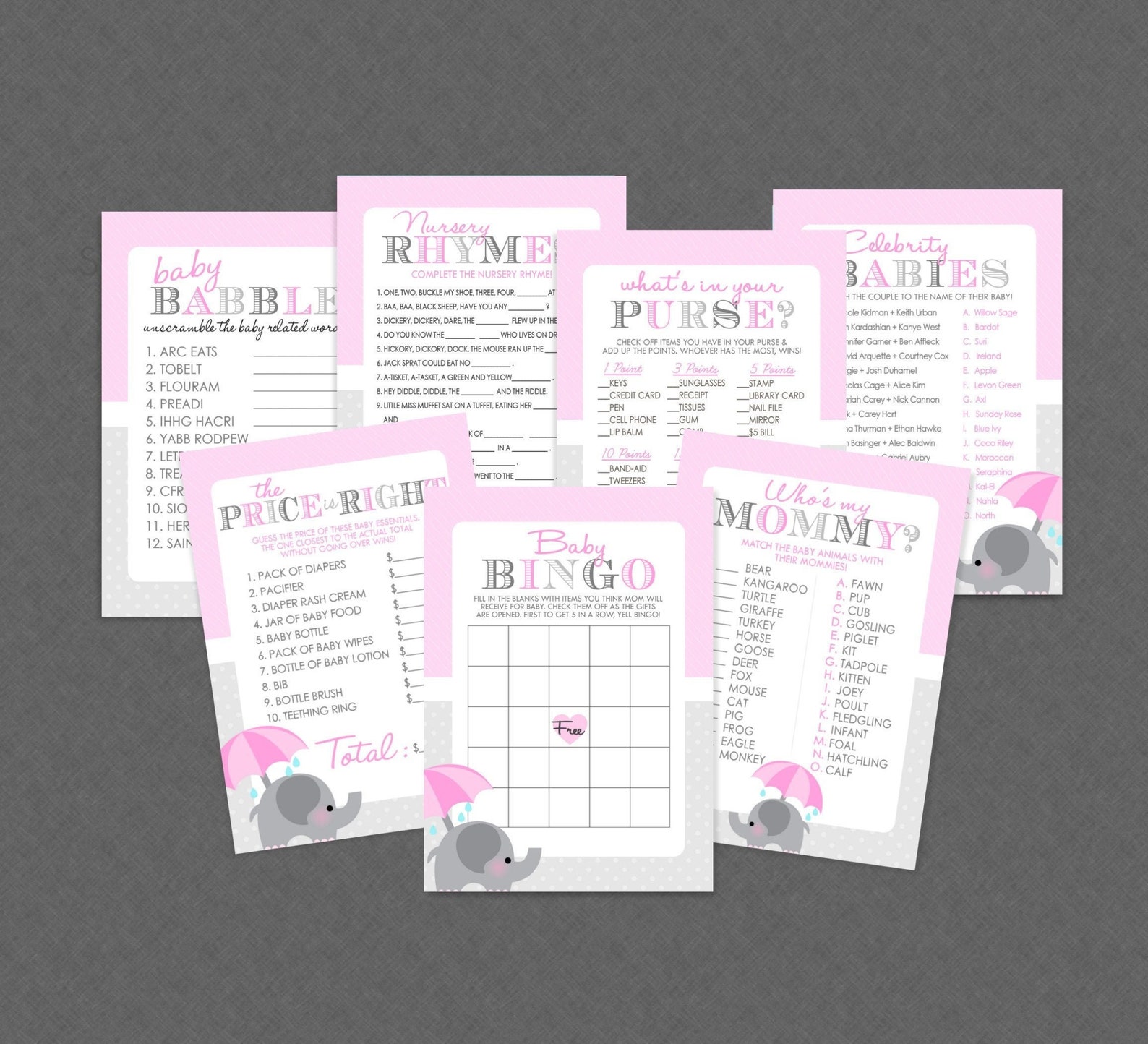 Pink Elephant Baby Shower Game Pack INSTANT DOWNLOAD Girl - Etsy