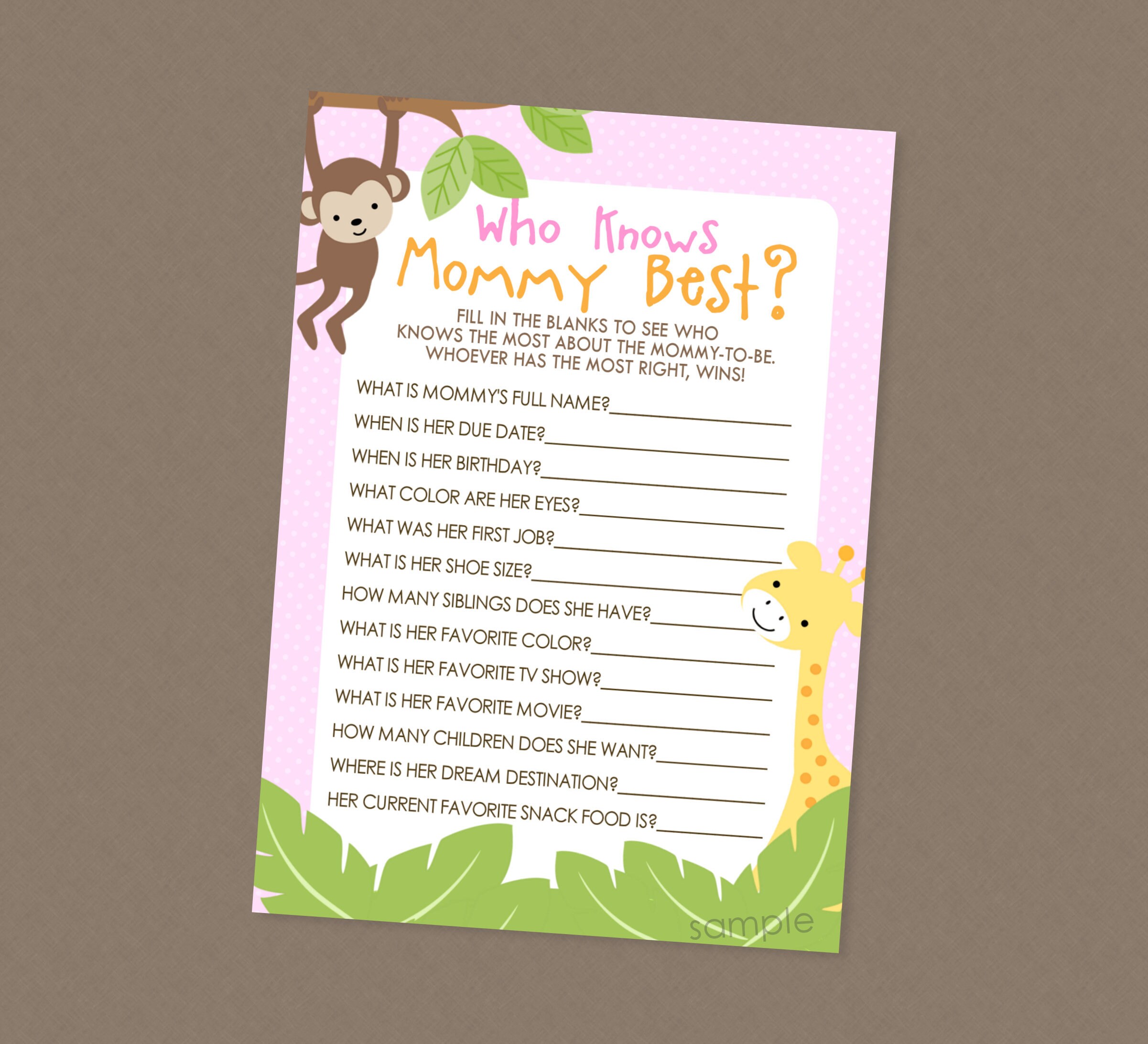 Who Knows Mommy Best Baby Shower Game INSTANT DOWNLOAD Jungle Baby ...