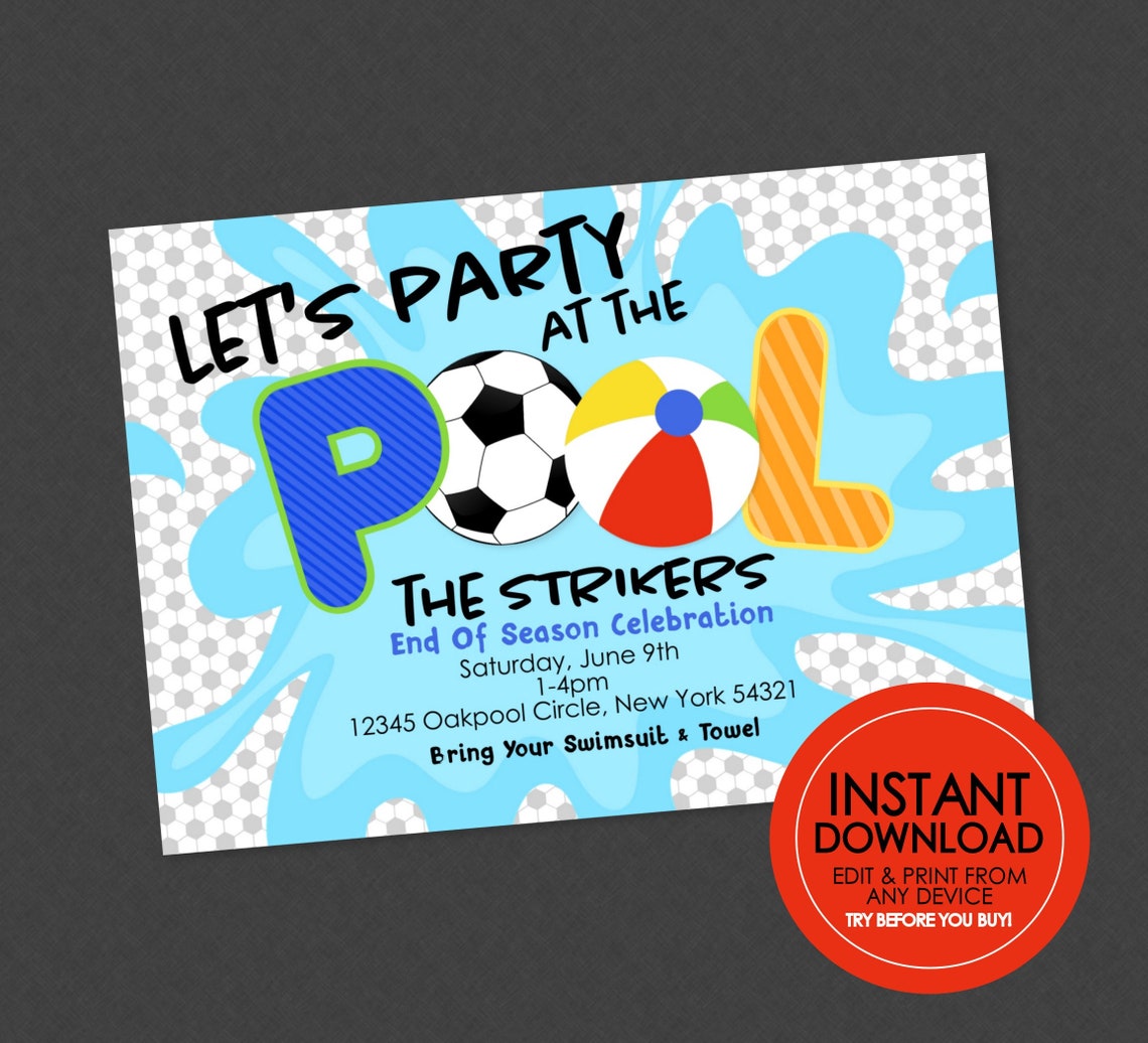 Soccer Pool Party Invitation EDITABLE INSTANT DOWNLOAD | Etsy