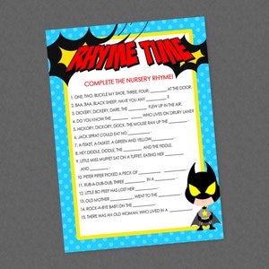 Superhero Nursery Rhyme Shower Game - INSTANT DOWNLOAD - Superhero Baby ...