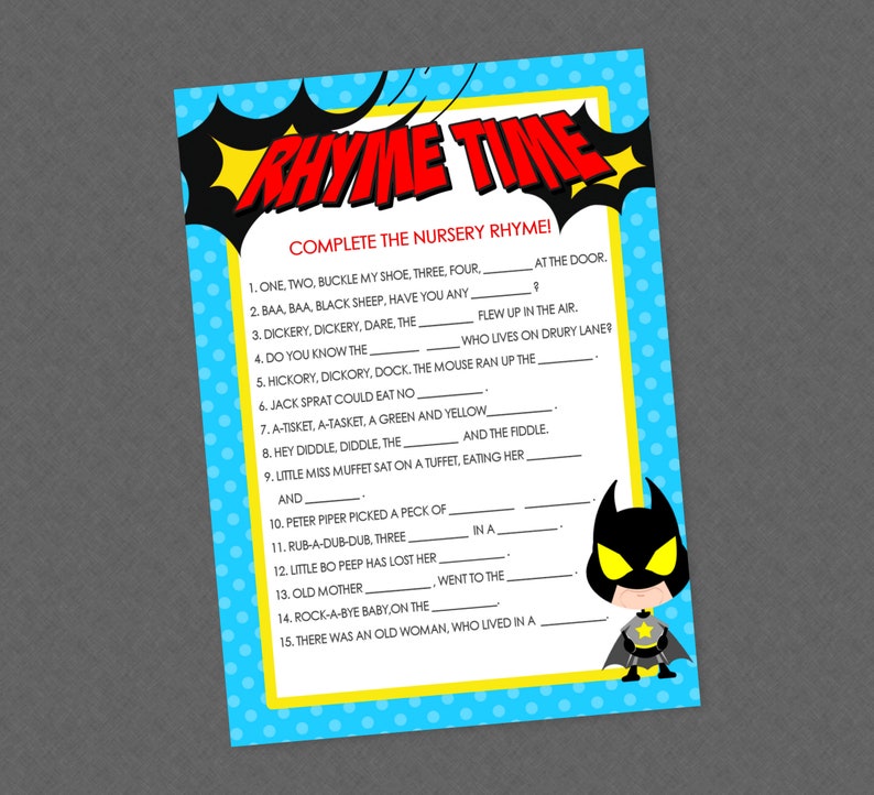 Superhero Nursery Rhyme Shower Game INSTANT DOWNLOAD Superhero Baby ...