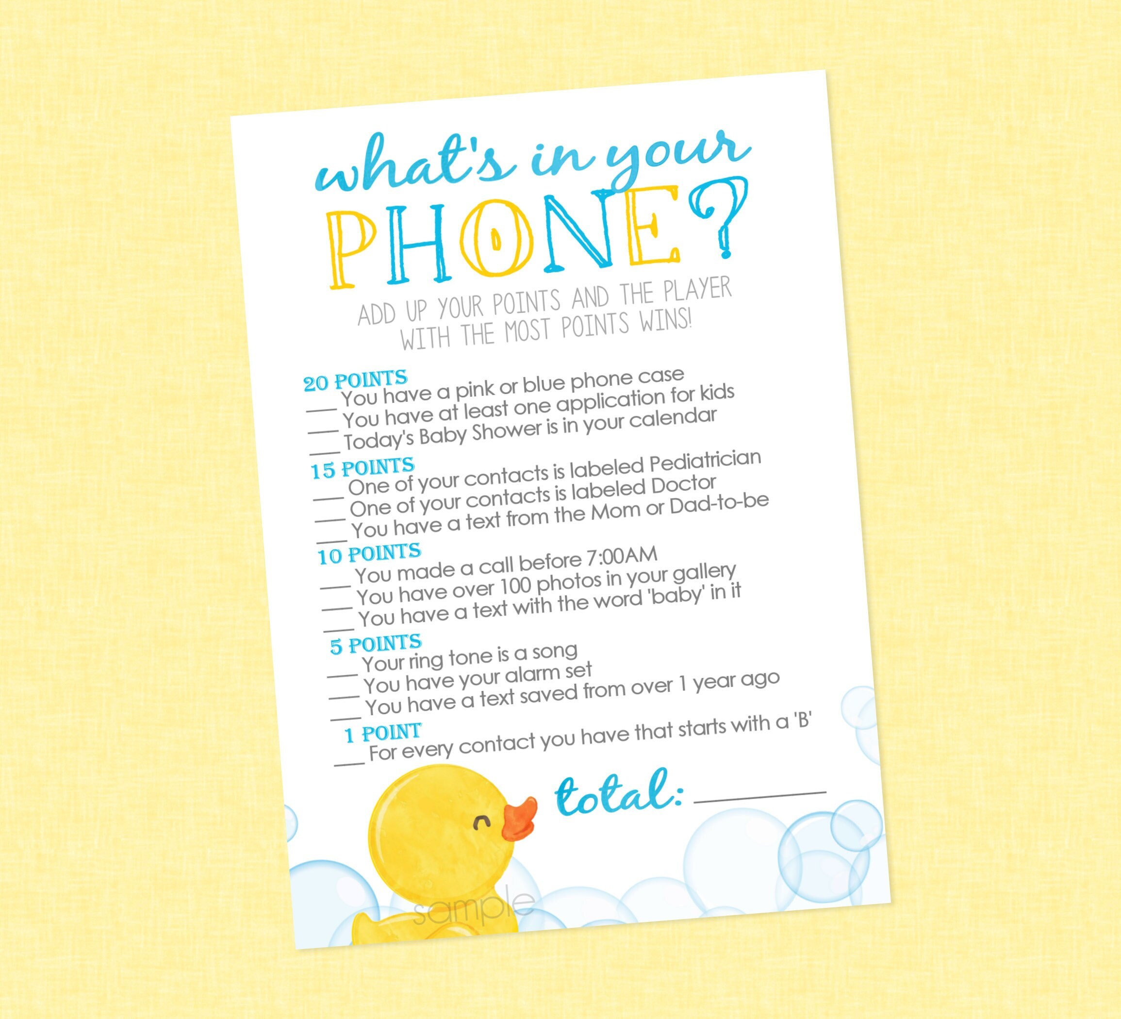 Rubber Duck What's in Your Phone Shower Game - INSTANT DOWNLOAD - Duck ...