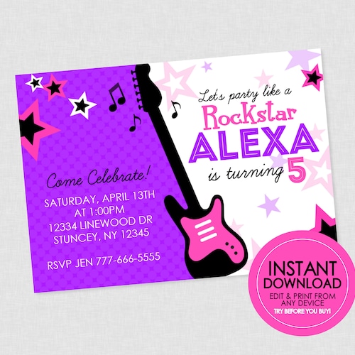 Rockstar Birthday Party Invitation Instant Download With - Etsy
