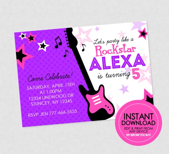 Rockstar Birthday Invite Edit With Corjl Girl Rockstar - Etsy