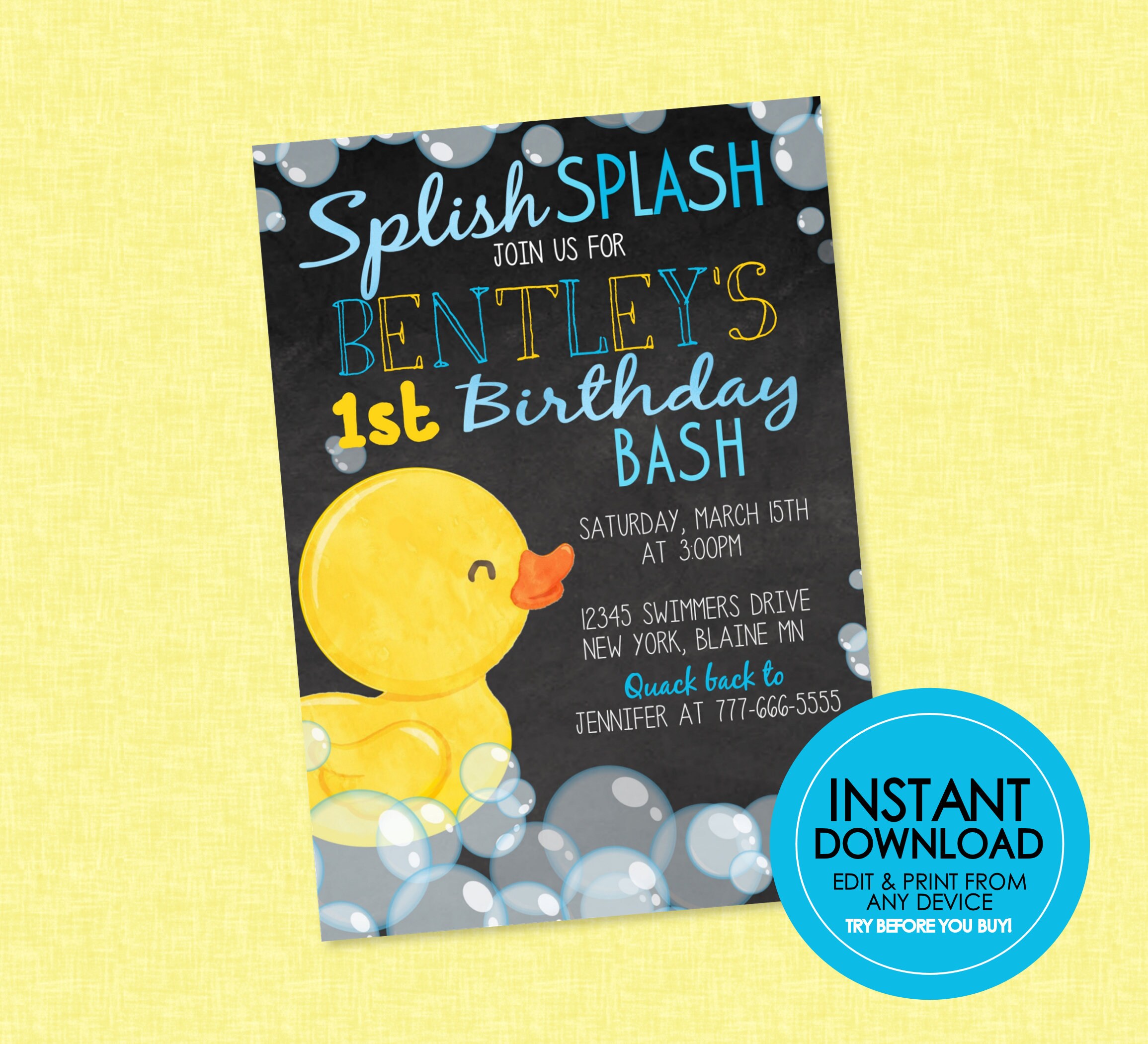 Rubber Duck Birthday Invitation - EDITABLE INSTANT DOWNLOAD - Duck ...