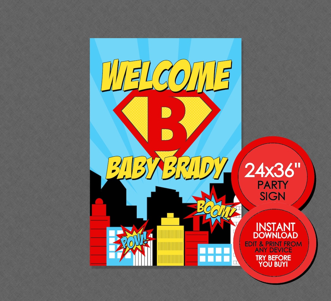 Superhero Party Poster EDITABLE INSTANT DOWNLOAD Superhero Welcome Sign ...