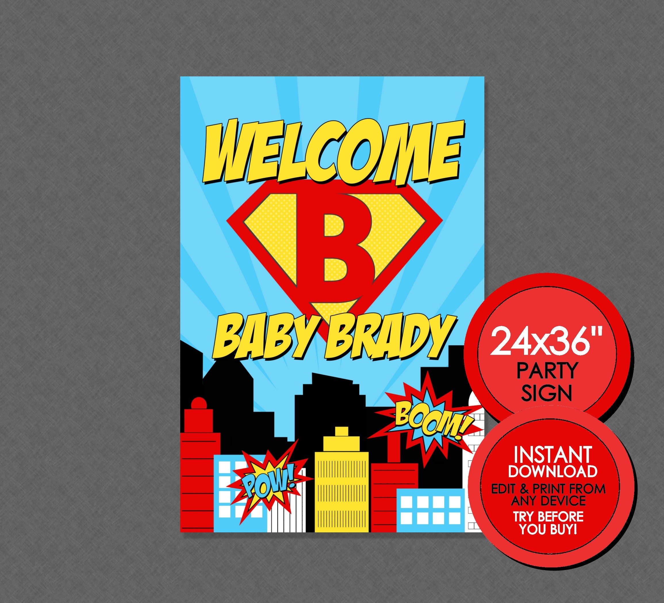 Superhero Party Poster - EDITABLE INSTANT DOWNLOAD - Superhero Welcome ...