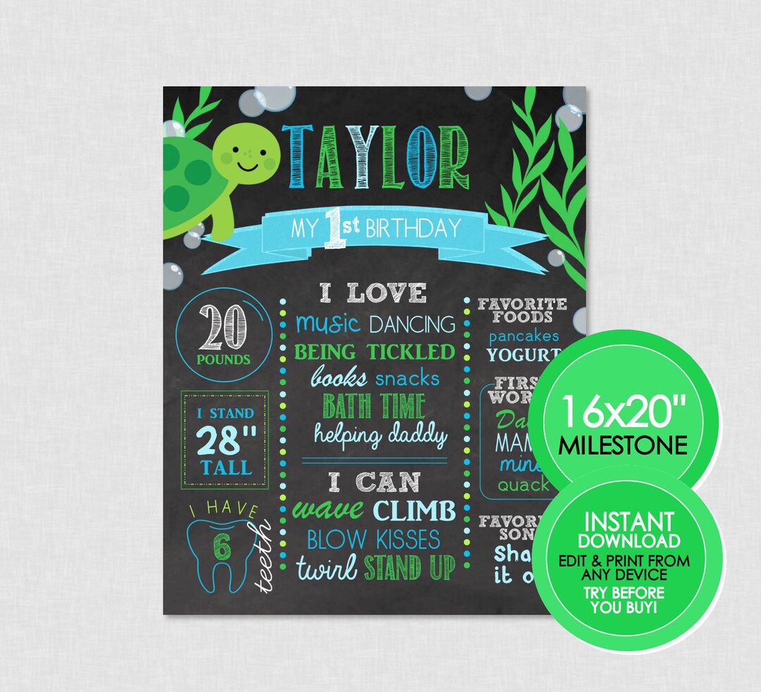 Turtle Birthday Milestone Chalkboard - EDITABLE INSTANT DOWNLOAD ...