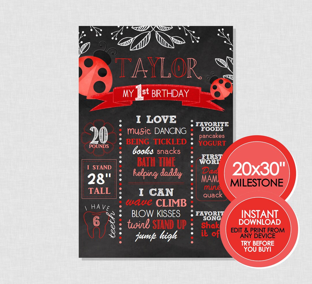 Ladybug Birthday Milestone Chalkboard - EDITABLE INSTANT DOWNLOAD ...